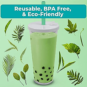 Planet Boba 24 oz Reusable Boba Cup w 5 Bonus Straws | Smoothie Cup with Straw | Leakproof Bubble Tea Cup | Lids and Straw | Boba Cup Reusable | Insulated Boba Tumbler | Boba Tea Cup, White