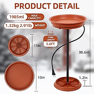 Heated Bird Bath for Outdoors for Winter, 75W Bird Bath Water Heater Bird Bath Deicer,Deep Bowl Thermostatic Control Weather Resistance Stylish Design with Planter Pedestal for All Seasons(Brown)