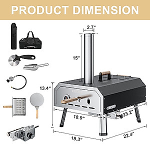 ABORON Pizza Oven Outdoor,16" Multi-Fuel Rotatable Pizza Ovens,Portable Wood Fired and Gas Pizza Oven,Stainless Steel 3-Layer Oven,Pizza Maker with Built-in Thermometer,Pizza Cutter & Carry Bag