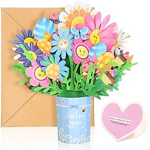 shynek Mother's Day Bouquet Pop Up Cards from Daughter and Son, 3D Flower Card Kids First Mothers Day Greeting Card Mom Birthday Card Women All Occasion Card Envelope and Blank Note Tag