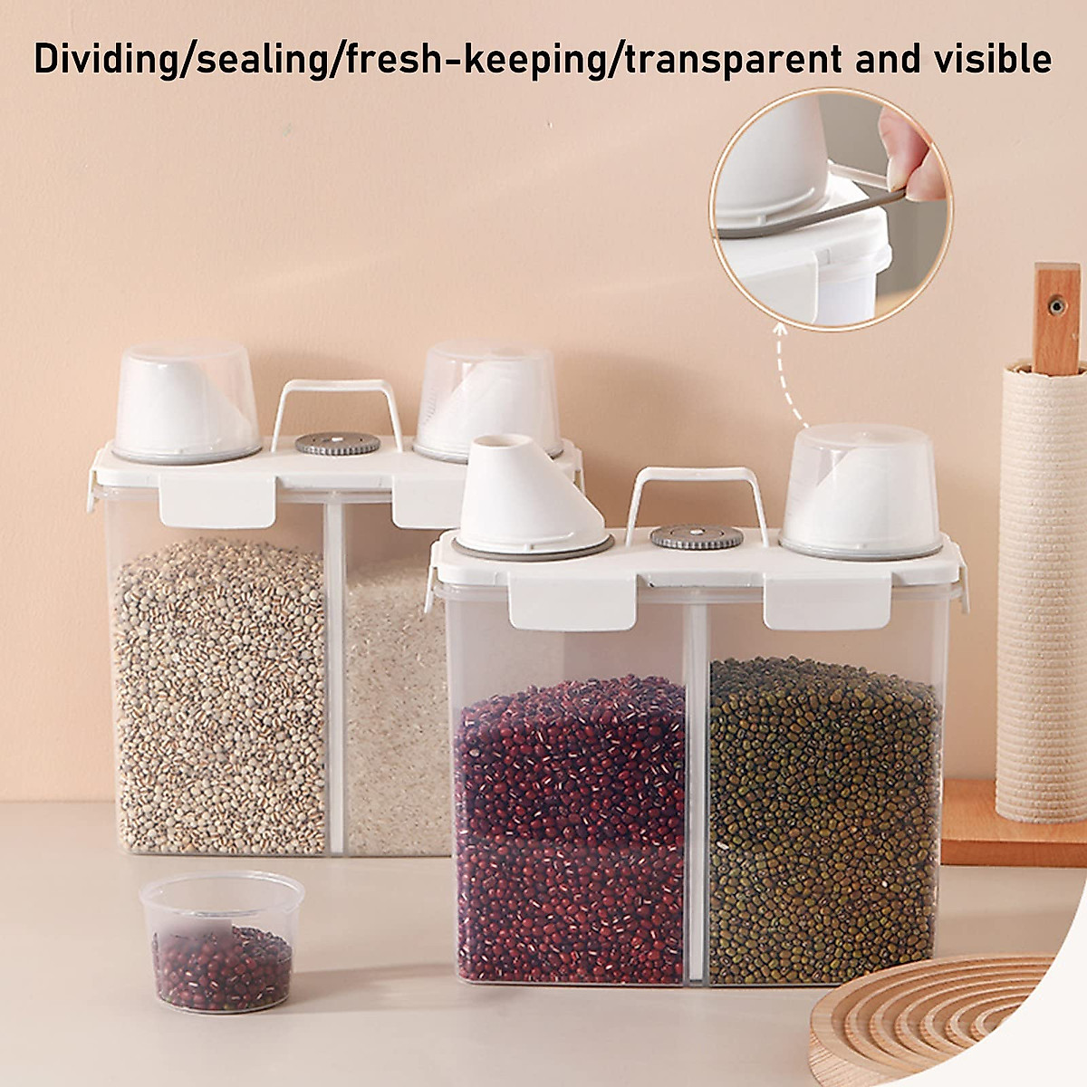 CENGNIAN 2 in1 Food Storage Containers with 2 Pouring Spout, Airtight Dry Storage Bins With Lids, BPA Free Plastic Sealed Holder Bin Dispenser, Measuring Cup for Rice, Cereal, Flour and Oatmeal