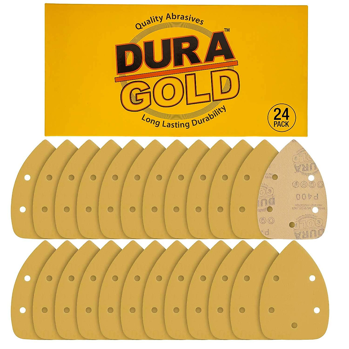 Dura-Gold Premium Mouse Detail Sander Sandpaper Sanding Sheets - 400 Grit (Box of 24) - 5 Hole Pattern Hook & Loop Triangle Mouse Discs - Woodworking Wood, Furniture Crafting, Sand Automotive Paint