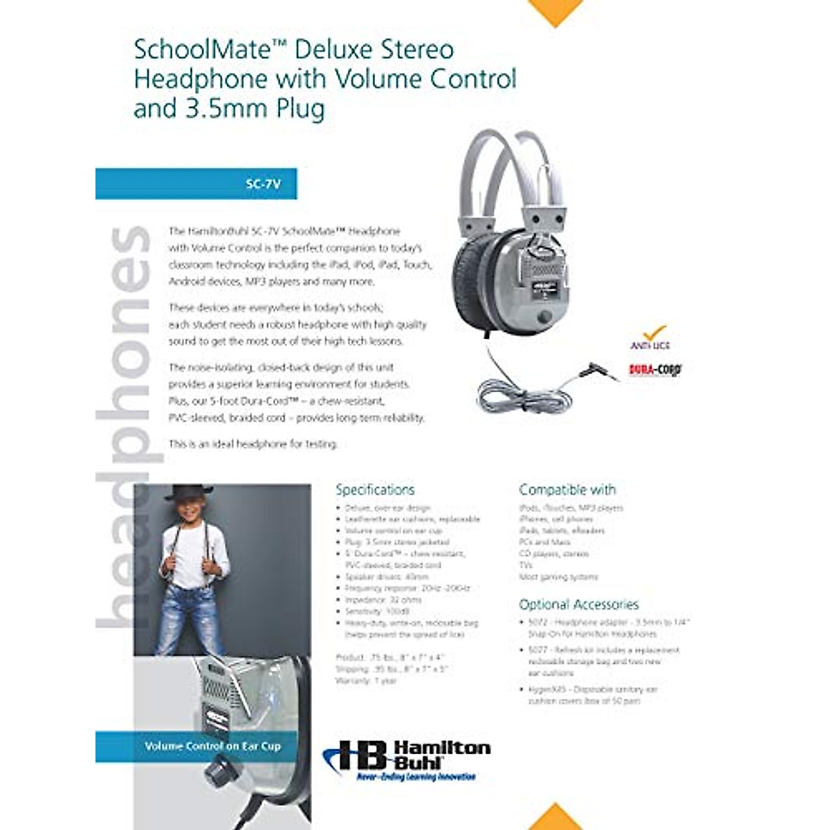 HamiltonBuhl SC-7V SchoolMate Deluxe Stereo Headphone with 3.5 mm Plug and Volume Control, Leatherette Cushions, Replaceable, Heavy-duty, Write-on, Reclosable Bag, Volume Control On Ear Cup