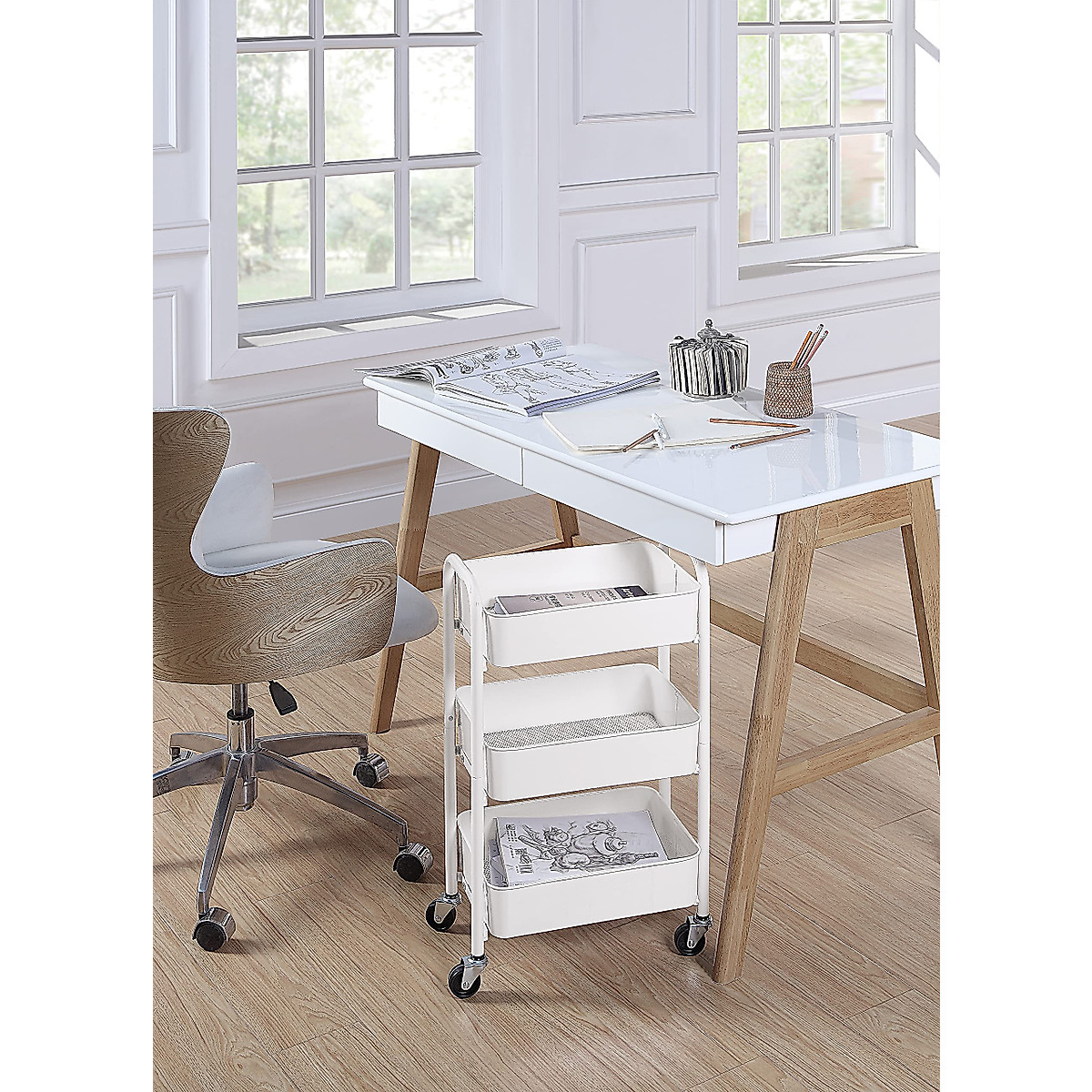 SunnyPoint 3-Tier Delicate Compact Rolling Metal Storage Organizer - Mobile Utility Cart Kitchen/Under Desk Cart with Caster Wheels (WHT, Compact (15.5" X 26.8" X 10.27"))
