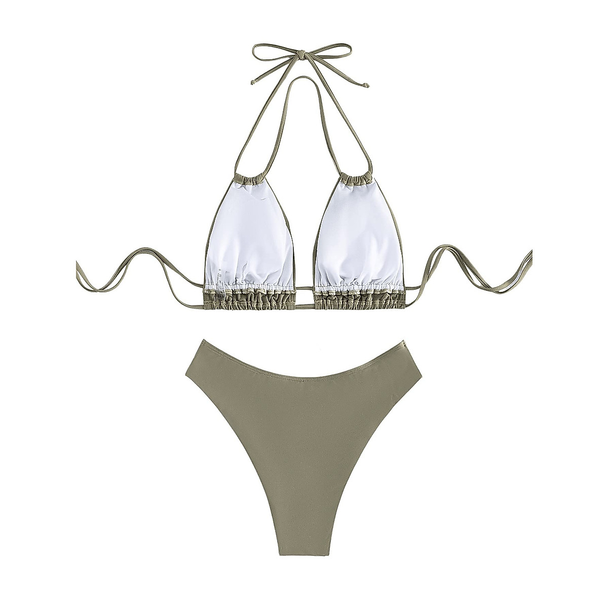 SweatyRocks Women's 2 Piece Bathing Suit Lace Up Halter Triangle Bikini Asymmetrical Waist High Cut Swimsuit Army Green L