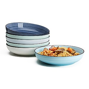 Sweese Large Pasta Bowls Set - 30 Ounce Ceramic Plates for Dishwasher & Microwave Safe - Solid Salad Bowls Plates - Deep Plates Lipped Edges, Oven Safe Porcelain Plates Serving Bowls