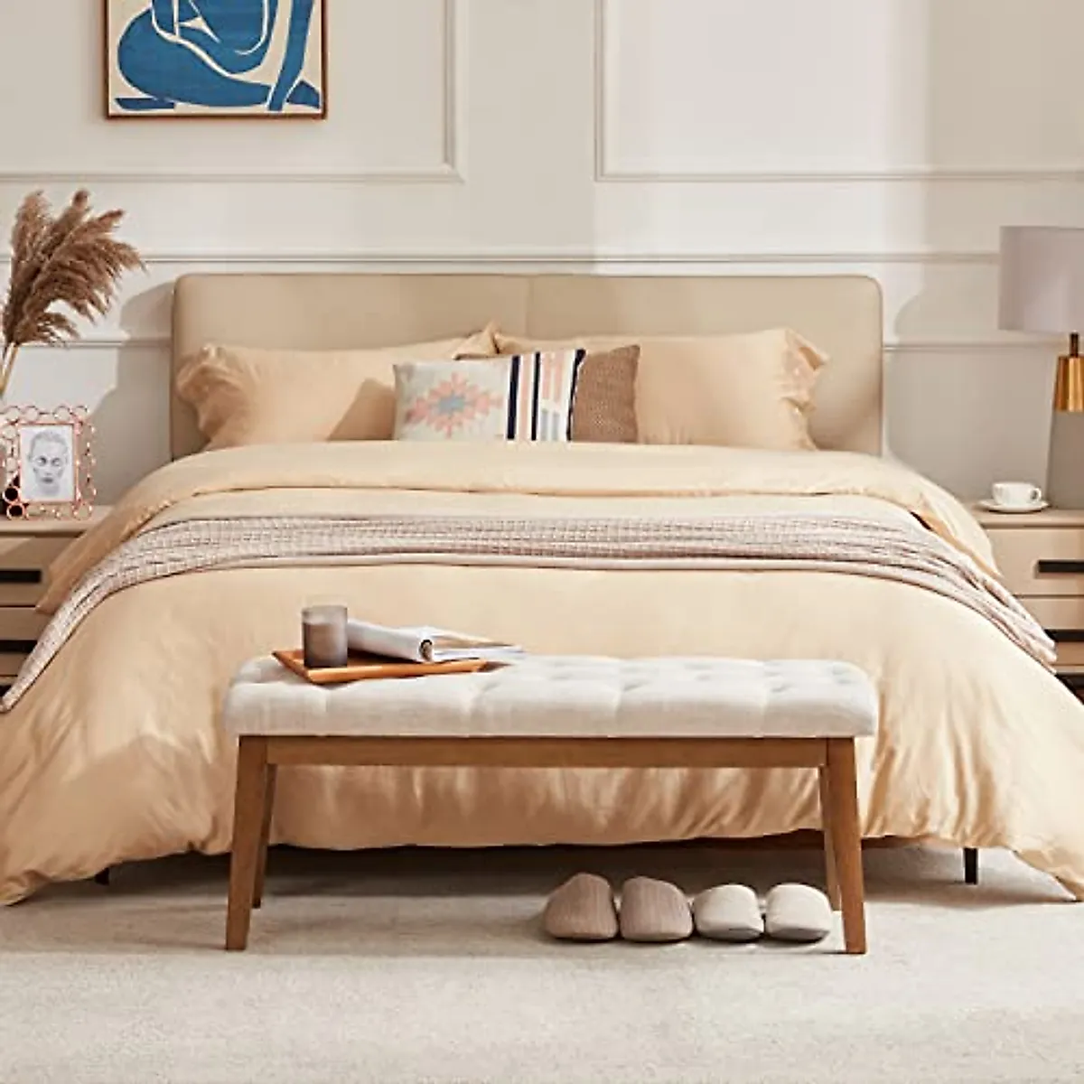 HUIMO Button-Tufted Bench for End of Bed, Entryway Bench with Upholstered Linen Fabric, Ottoman Bench for Living Room,Dining Bench for Kitchen(Beige)