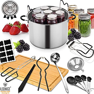 Canning Supplies Starter Kit, Stainless Steel Canning Set Tools: Rack, Ladle, Measuring Spoons, Funnel, Tongs, Jar Lifter, Lid Lifter & Accessories for Canner/Pot, Beginner, Home Canning Kit - Black