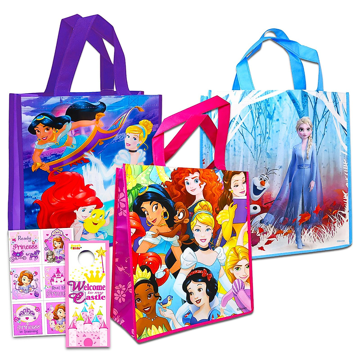 Disney Princess Tote Bag Set for Kids, Adults - 4 Pc Large Princess Reusable Grocery Bags with Disney Sofia the First Stickers (Princess Party Supplies)