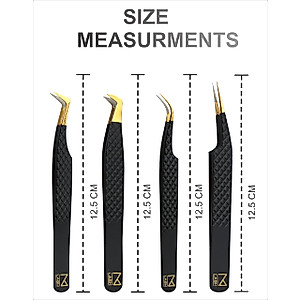 M LASH Eyelash Extension Tweezers (Set of 4) - Professional & Precision Lash Tweezers for Eyelash Extensions - Japanese Steel, Diamond Grip, Fiber Tip (Matte Black)