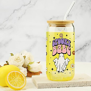 Gifts for Her, Halloween Sister Friend Gifts, Spooky Season Gift, Halloween Glass Can Cups, Stay Spooky GIced Coffee Cup, Fall Glass Cups, Halloween Gifts, Halloween Lover 16 OZ Cup with Lid and Straw