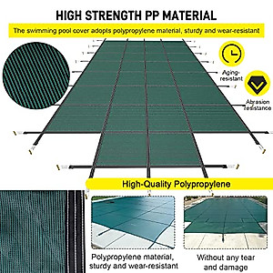 Pool Safety Cover Fits for Rectangle Inground Safety Pool Cover PP Green Mesh Inground Pool Covers 18x36ft with 4x8ft Center Steps Includes All Needed Hardware for Swimming Pool Winter Safety Cover