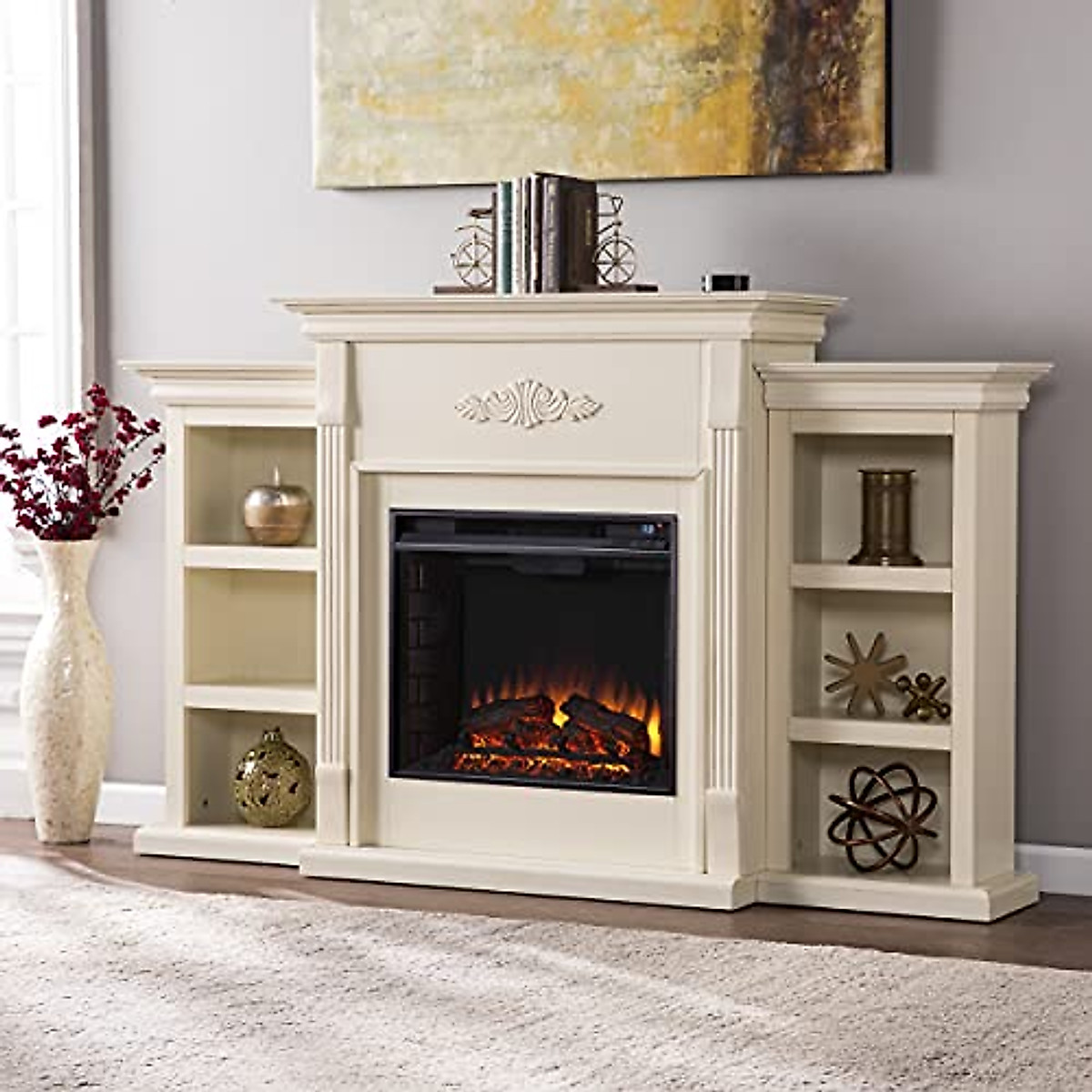 SEI Furniture Tennyson Electric Bookcases Fireplace, Ivory