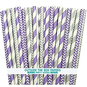 Outside the Box Papers Lavender/Lilac and Silver Stripe and Chevron Paper Straws 7.75 Inches 100 Pack Lilac, White