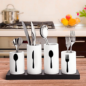 Eaasty 5 Pieces Rustic Silverware Holder Farmhouse Wood Silverware Caddy with Tray Knife Spoon Fork Flatware Holder Countertop Cutlery Organizer Cutlery Holder for Countertop Kitchen (Black, White)
