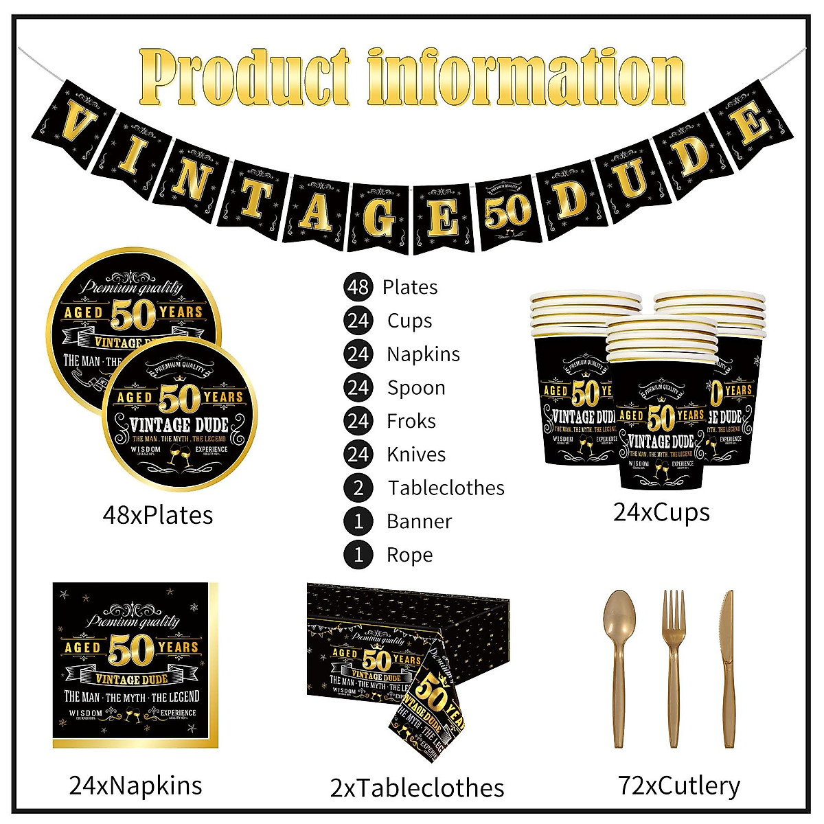 183 Pcs Vintage 50th Party Tableware Set, Black Gold Vintage Happy 50 Birthday Tablecloth 24 Guests Dinner Plates Dessert Plate Cup and Napkins for Men Cheers 50th Theme Birthday Party Supplies