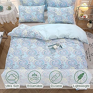 URBONUR Blue Paisley Duvet Cover Set 800TC Egyptian Cotton Sateen Silky Bedding Set, Bohemian Bedding Twin Duvet Cover, Crisp Cooling Bed Set (3 Pieces, Blue Paisley, Twin)