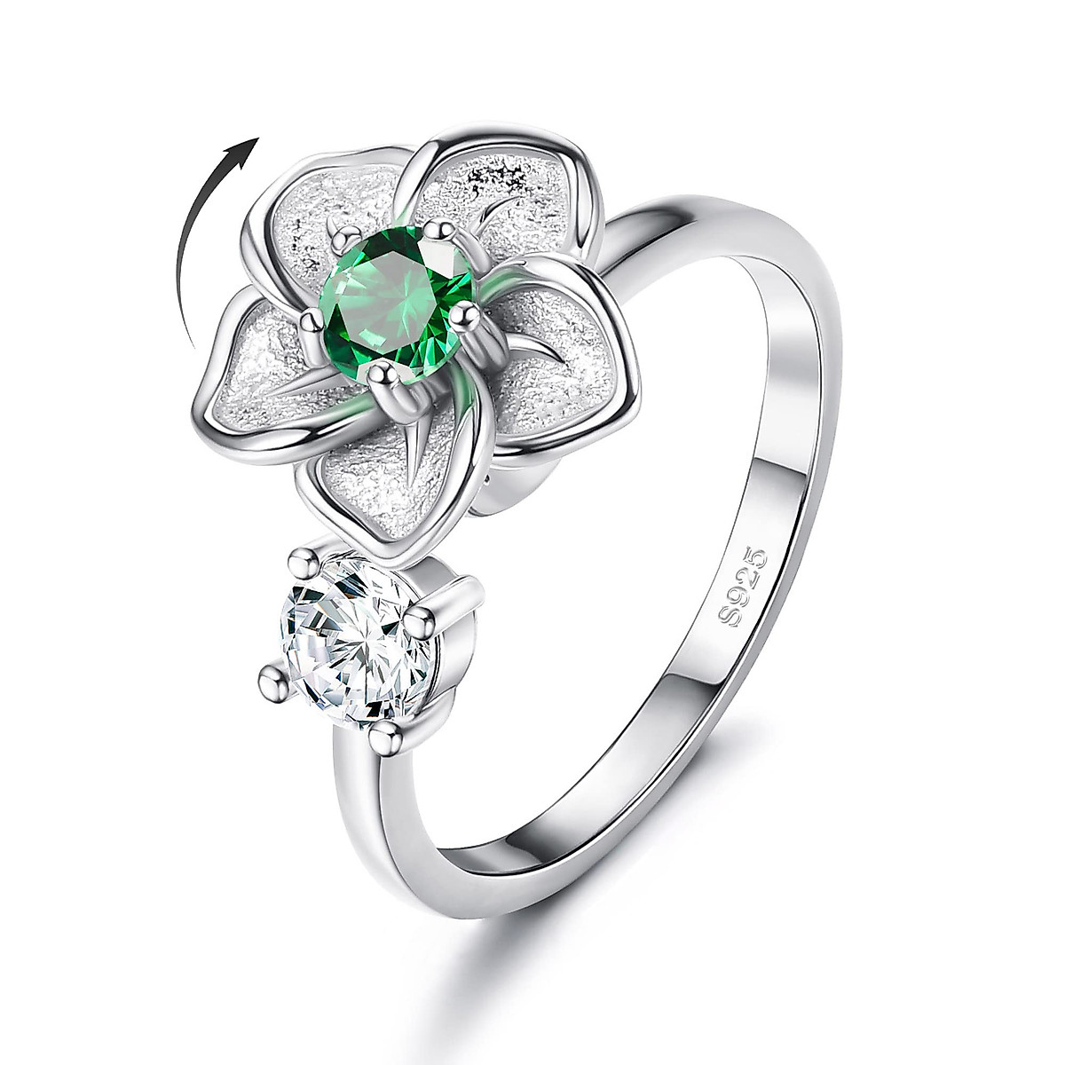 Ubjuliwa 925 Sterling Silver Anxiety Ring for Women May Birthstone Rings Adjustable Open Flower Rings Gifts Spin Rings Fidget Jewelry