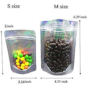 100Pcs Stand Up Holographic Iridescent Smell Proof Bags Resealable Mylar Bags Clear Front With Aluminum Foil Back Food Storage Ziplock Bags, 4.33" x 6.3”