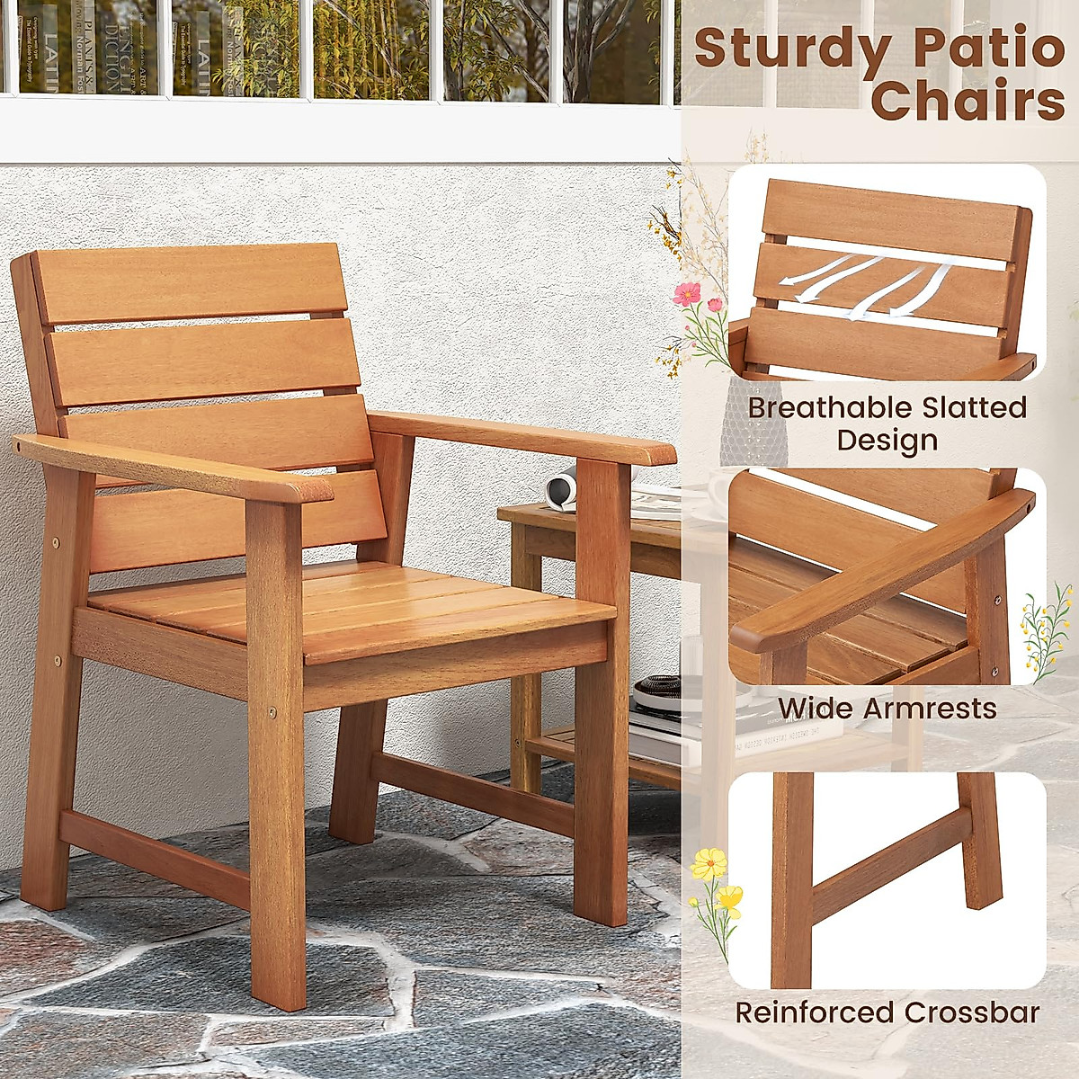 Tangkula Set of 2 Wood Patio Dining Chair, Wood Dining Armchairs with Breathable Slatted Seat & Inclined Backrest, Ergonomic Outdoor Chairs for Backyard, Balcony, Garden