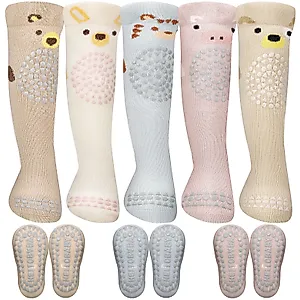Mepase 5 Pairs Knee High Toddler Grip Socks Non Slip Baby Crawling Socks Anti Skid Crawling Newborn Socks for Boy Girl Infant, 5 Colors