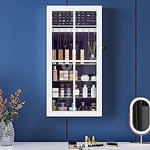 FREDEES Jewelry Holder Organizer for Earrings Ring Necklace Bracelets, 4-Tier Wooden Jewelry Cosmetic Storage and Display Case, Lockable Hanging Wall Jewelry Armoire Box Cabinet Tray, White