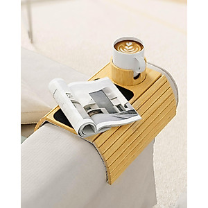 BS-VOG Couch Cup Holder, Bamboo Couch Arm Tray with 360° Rotating Drink Holder, Foldable Anti-slip Couch Arm Table, Sofa Armrest Tray Clip on Wide Couches for Eating, Snacks, Remote, No Installation