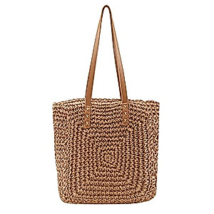 Ayliss Women Straw Shoulder Handbag Tote Shoulder Bag Summer Beach Woven Handmade Weaving Casual Bag for Vocation Travel (Khaki)