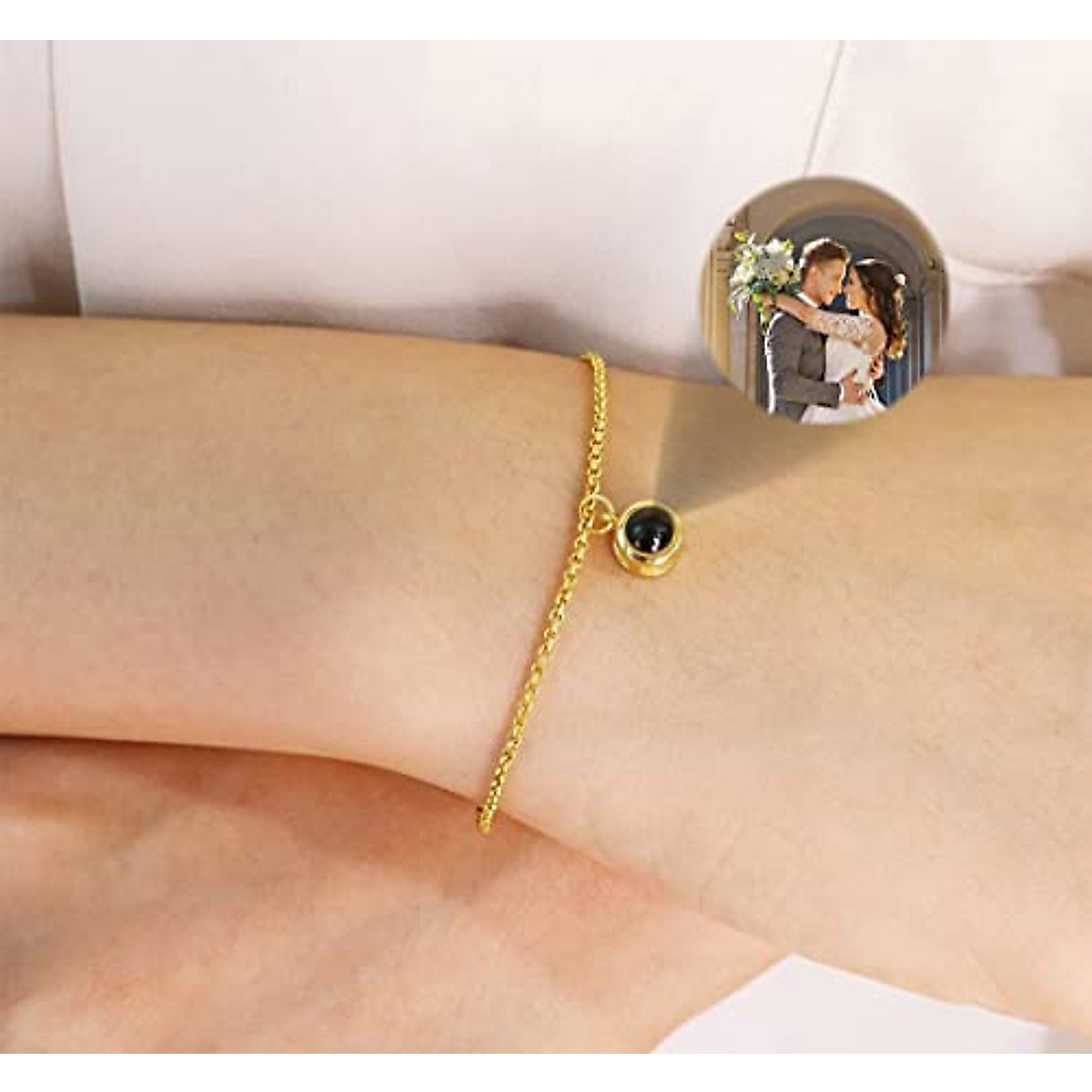 Kislumi Custom Bracelets with Picture Inside, Dainty Bracelet for Women, Customized Projection Bracelets with Photos, Picture Bracelet Personalized Photo, Memorial Gifts for Women/Family/Dog, Silver, Gold, Rose Gold