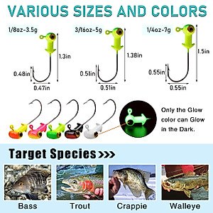 Painted Crappie Jig Head Hooks Set,30pcs Football Jig Head Hook Glow with Double Eye for Crappie Bass Trout Panfish Walleye 1/8oz 3/16oz 1/4oz