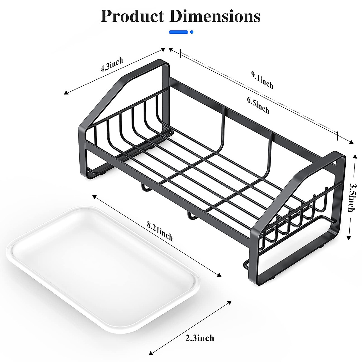 BSKSSK Sink Caddy, Sponge Holder for Kitchen Sink, Kitchen Bathroom Sink Organizer, 304 Stainless Steel Kitchen Countertop Organizer Soap Tray with Removable Drain Tray Length Version - Black
