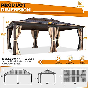 MELLCOM 14'x20' Galvanized Steel Hardtop Gazebo, Aluminum Frame Metal Outdoor Gazebo with Double Roof and Netting and Curtains for Patio Lawn Garden Brown