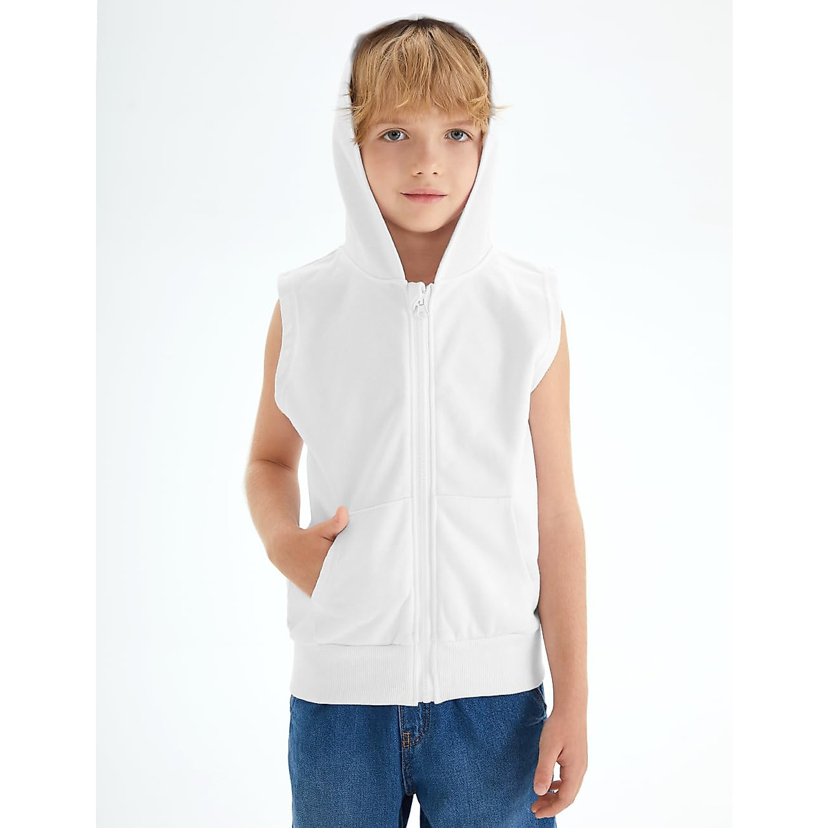 Spring&Gege Boys’ Full Zip Sleeveless Hooded Vest Basic Solid Zipper Tank Tops Hoodie with Pockets, White, Size 7-8 Years