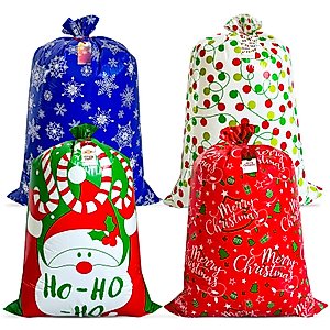 Extra Large Christmas Gift Bags Bulk - 4 Pack Giant Xmas Gift Wrapping Bag for Present 54.3 x 36.2”, Big Heavy Duty Santa Sacks Jumbo Plastic Gift Bags Oversized Holiday Present Bags with Tag & Tie