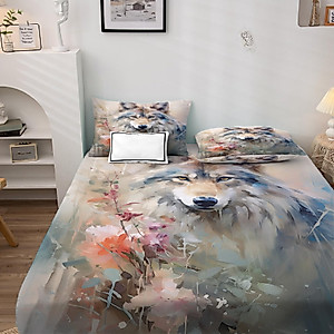 Wolf Sheets Twin Size, Wolves Wildlife Bed Sheets, Patterned Bedding Sheets & Pillowcases 3 Piece Set - Soft Microfiber Deep Pocket Fitted Sheet & Flat Sheet & Pillow Case M2-&-174