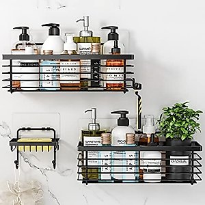 ODesign Shower Caddy Basket with Hooks Soap Dish Holder Shelf for Shampoo Conditioner Bathroom Storage Organizer SUS304 Stainless Steel Rustproof No Drilling Adhesive 3 Pack - Black