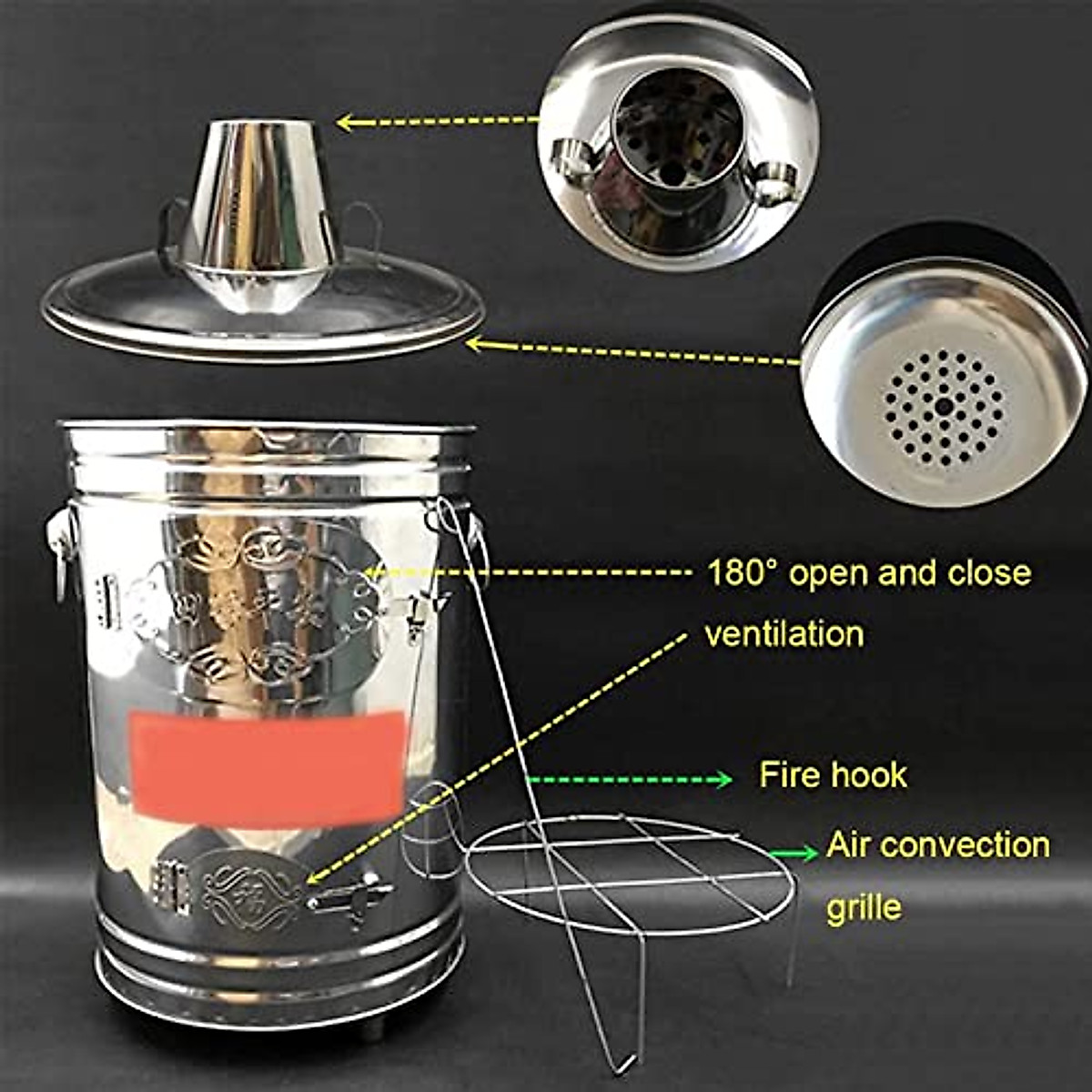 QQXX Stainless Steel Burn Barrel, Incinerator Cage with Chimney, Garden Burn Incinerator Bin with Fire Hook for Paper Leaf Trash Backyard Bonfire (34x34x61cm(13.4x13.4x24inch), A)