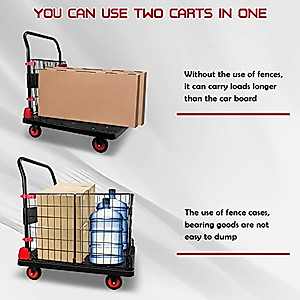 Platform Truck Cart with Cage, Foldable Push Cart Dolly 880lb Capacity w/ 5'' TPR 360 Degree Swivel Wheels, Heavy Duty Moving Portable Hand Trucks for Warehouse, Groceries, Garage