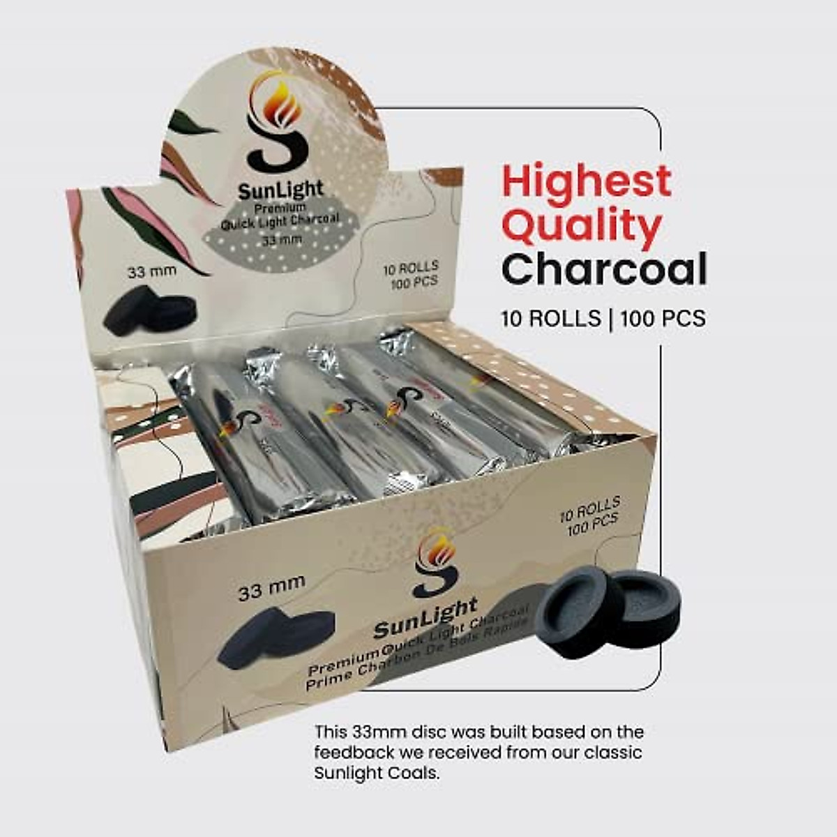 *New* Sunlight Premium Charcoal Tablets for Incense - Instant Light - 100 Charcoal Discs - 33mm - Resin Burner Rolls – Pack of 100 Coal Briquettes – Charcoal Burner - Instant Fire Coal - Premium Tier