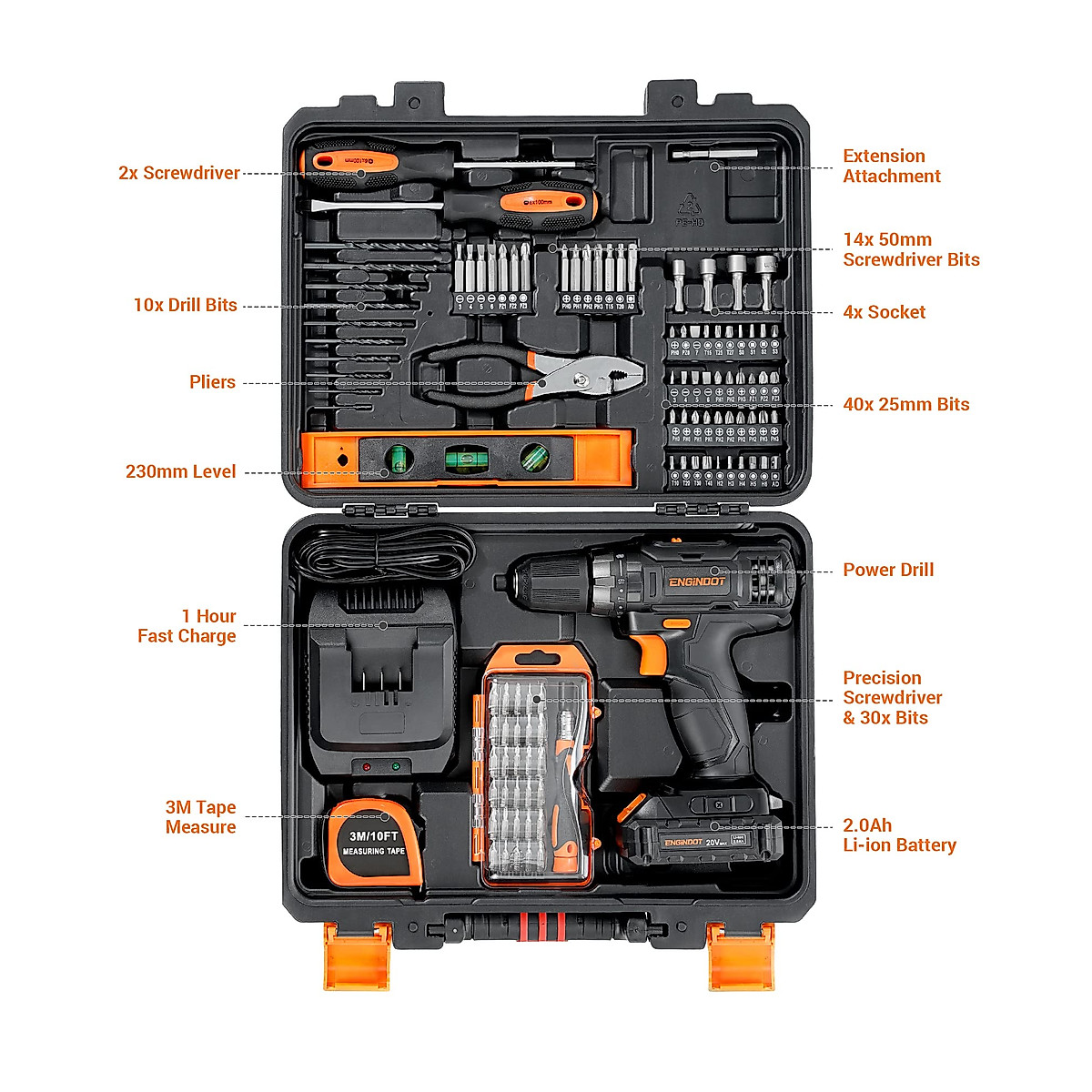 ENGiNDOT Tool Set with Drill, Cordless Drill Tool Kit 108Pcs Household Power Tools Drill Set with 20V Li-Ion Battery & Charger for Home Tool Kit