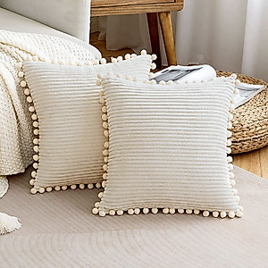 ANRODUO Pack of 2 Cream White Boho Decorative Pillow Covers with Pom-poms Pillow Covers 18x18 Corduroy Cushion Case Cute and Soft Square Throw Pillows for Bed Couch Sofa Living Room Fall Home Decor