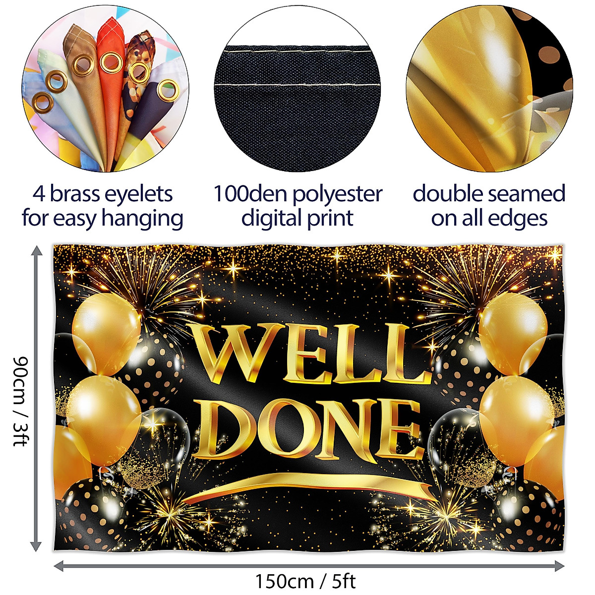 Well Done Banner - Congratulations Banner - Congratulations Decorations - Congrats Banner - We are so Proud of You Banner - Graduation Banner - Graduation Decorations - 5ft x 3ft (Black & Gold)