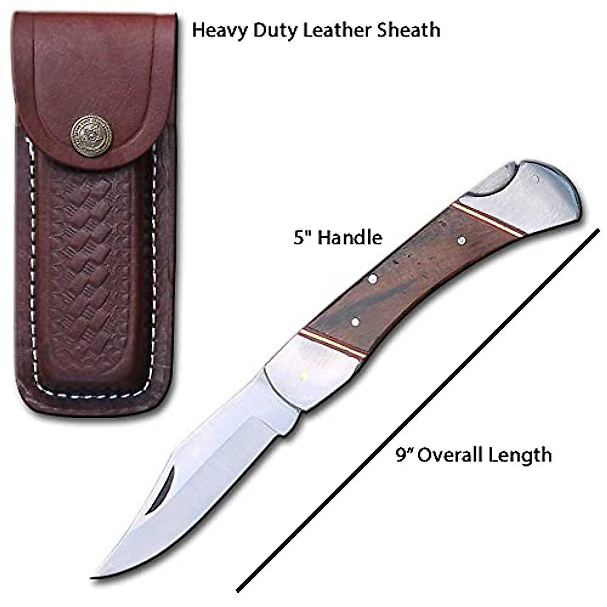 Rtek 5" Wood Handle Folding Pocket Knife with Leather Sheath | Lockback Traditional Folding Knife for Outdoor, Hunting, Camping and EDC (Wood Handle)