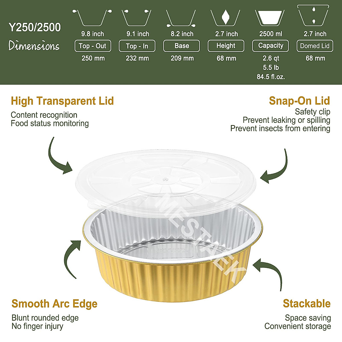 MESTAEK 10" Sturdy Aluminum Foil Pans with Lids (5 Pack), 2X Thicker Heavy Duty Reusable Foil Tin for Cooking Baking