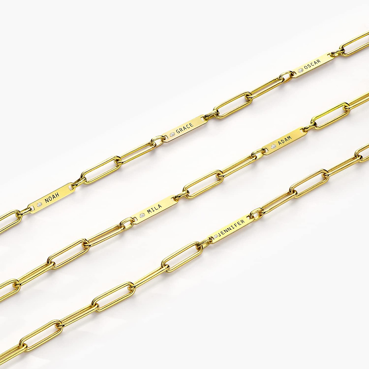 Oak & Luna - Personalized Ivy Name Paperclip Chain Braceket with Custom Inscriptions - Engraved Gift for Her, Women, Mom - Custom Jewelry for Mother's Day, Christmas, Birthday (Gold Vermeil, With Diamond)