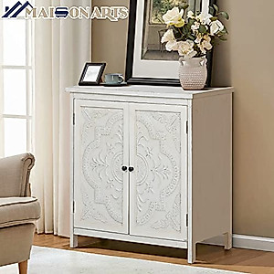 MAISON ARTS White Accent Cabinet with 2 Doors Sideboard Buffet Storage Cabinet Decorative Distressed Cabinet with Carved Pattern Doors for Bedroom Living Room Kitchen Farmhouse, White Embossed Flower