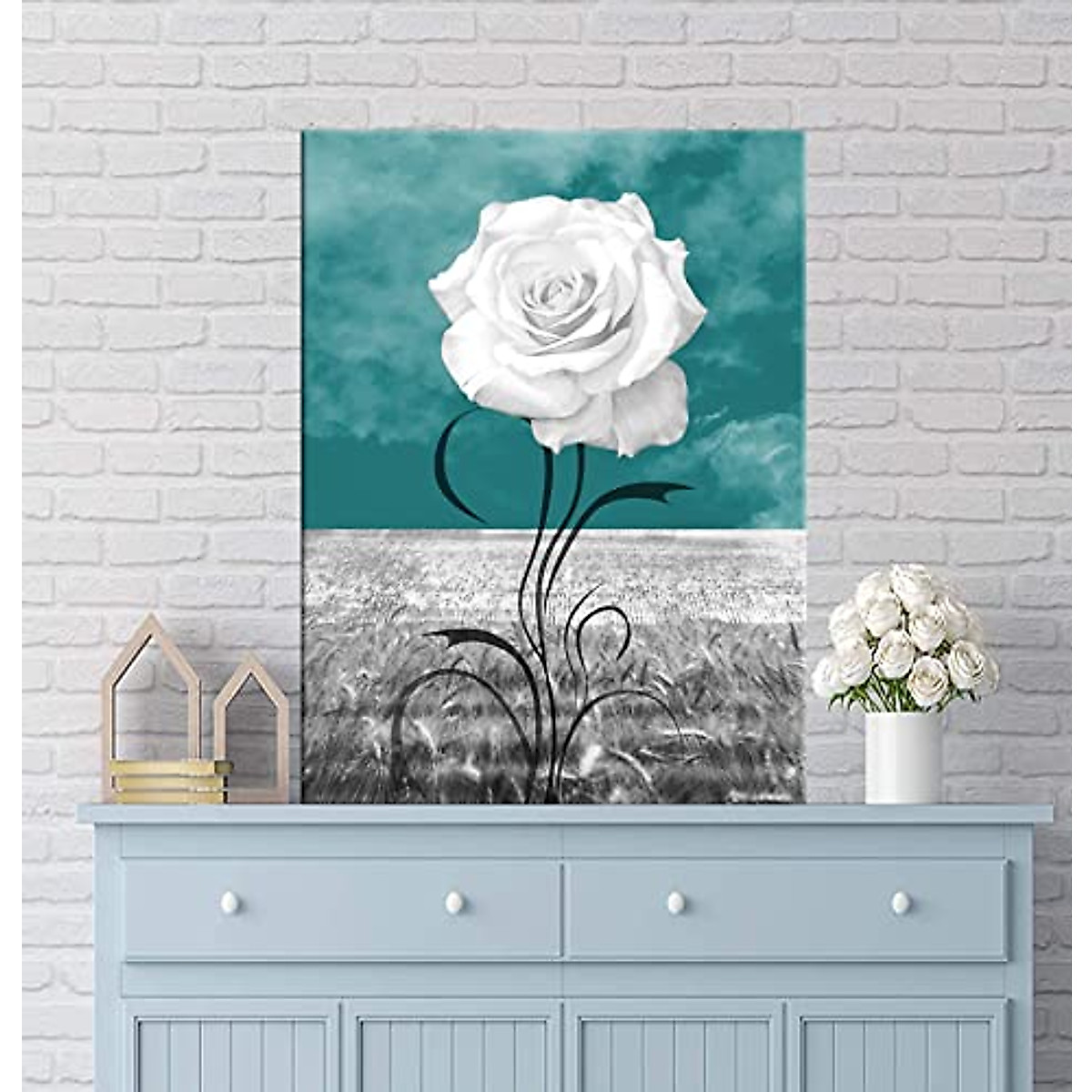 LKY ART Wall Art Elegant White Flower Canvas Print White Rose Wall Art Abstract Art 1 Panel Picture For Bathroom Wall Decor Painting Wood Frame Stretched Easy To Hang (rosewhite-12*16*1)