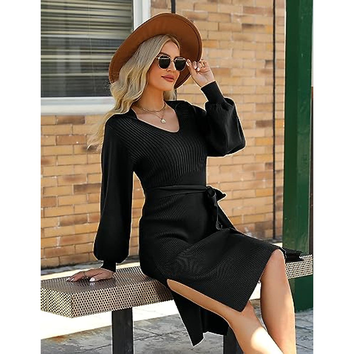 Chriselda Black Sweater Dress for Women Casual Long Sleeve V Neck Side Slit Knit Ribbed Midi Bodycon Dresses Winter Wedding Guest Dresses,Black, M
