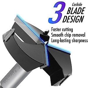 Vouyar 3 Inch Forstner Drill Bit, Triple-Flute Carbide Tipped Forstner Bit for Hard Wood, Soft Wood, Veneered Plywood, Plastic, Drilling Hole Saw Woodworking Hinge Cutter Tool