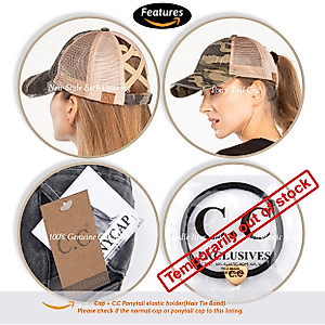 C.C Exclusives Washed Distressed Cotton Denim Criss-Cross Ponytail Hat Baseball Cap Bundle Hair Tie (BT-783) (A Elastic Band-Beige/Camo)